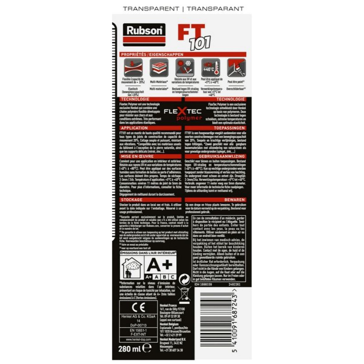 PATE A JOINT, MASTIC POLYMERE RUBSON FT101 JOINT, FISSURE, COLLAGE, 280 ml PATE A JOINT, MASTIC POLYMERE RUBSON FT101 JOINT, FISSURE, COLLAGE, 280 ml