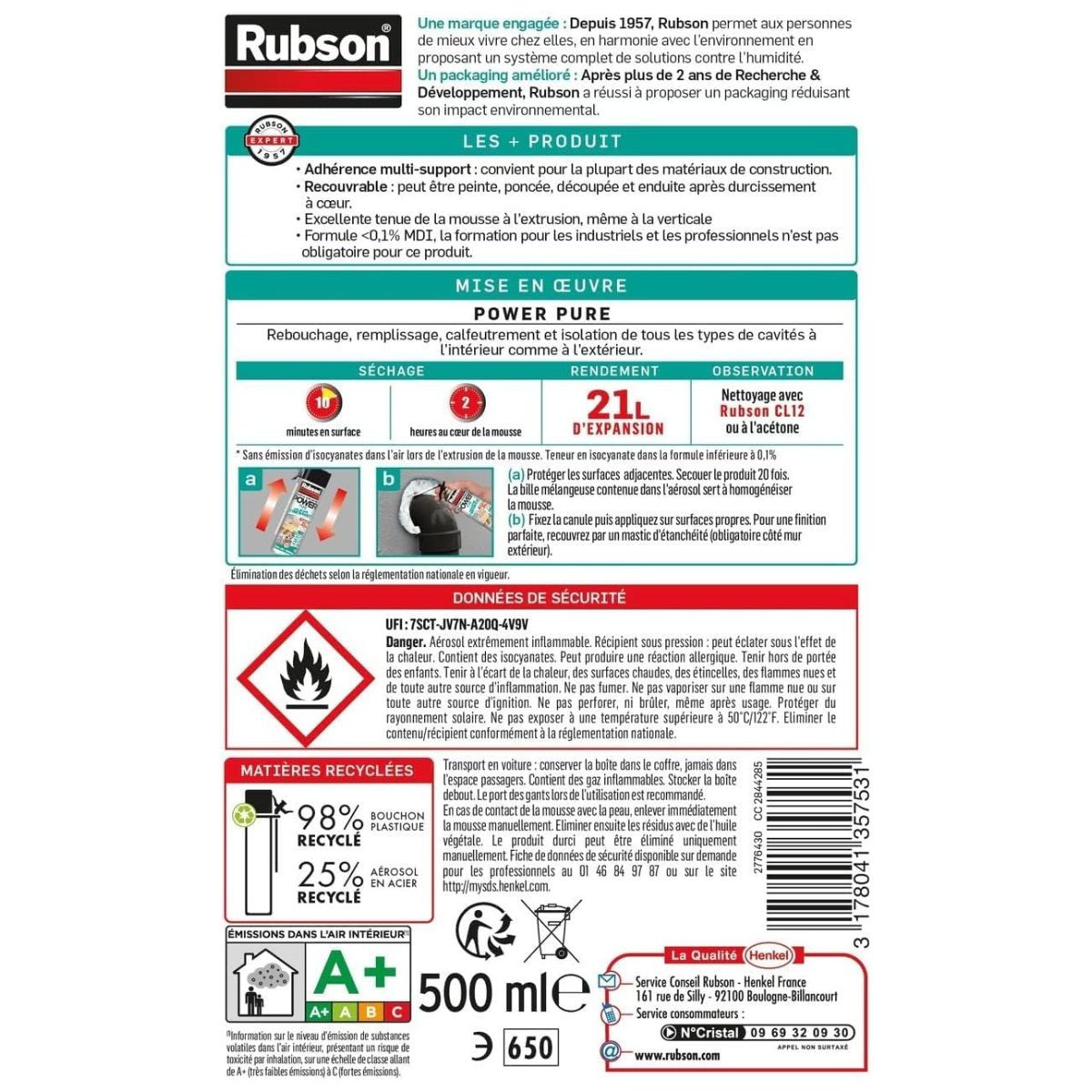 RUBSON MOUSSE EXPANSIVE POWER PURE - 500 ml - SARLAT OUTILLAGE RUBSON MOUSSE EXPANSIVE POWER PURE - 500 ml - SARLAT OUTILLAGE